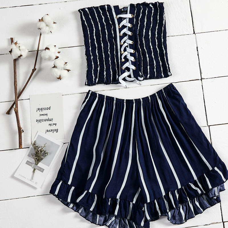 Lovely Bohemian Striped Navy Blue Two-piece Shorts Set Sale ...