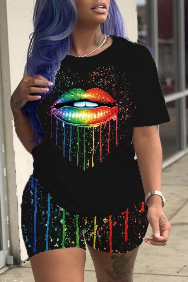 Lovely Casual Lip Print Black Two-piece Shorts Set Sale | LovelyWholesale