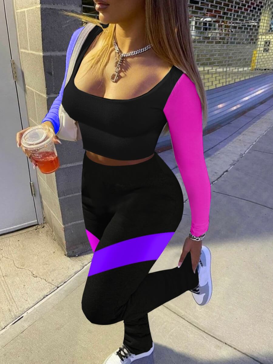 Lovely Casual Color-lump Patchwork Rose Red Two Piece Pants Set Sale ...