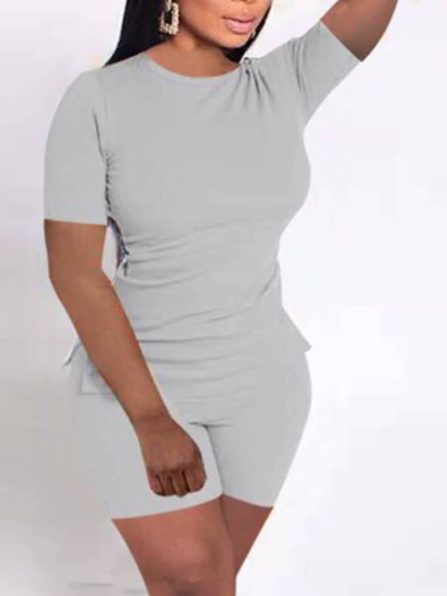 Lovely Casual O Neck Elastic Grey Two Piece Shorts Set Sale ...