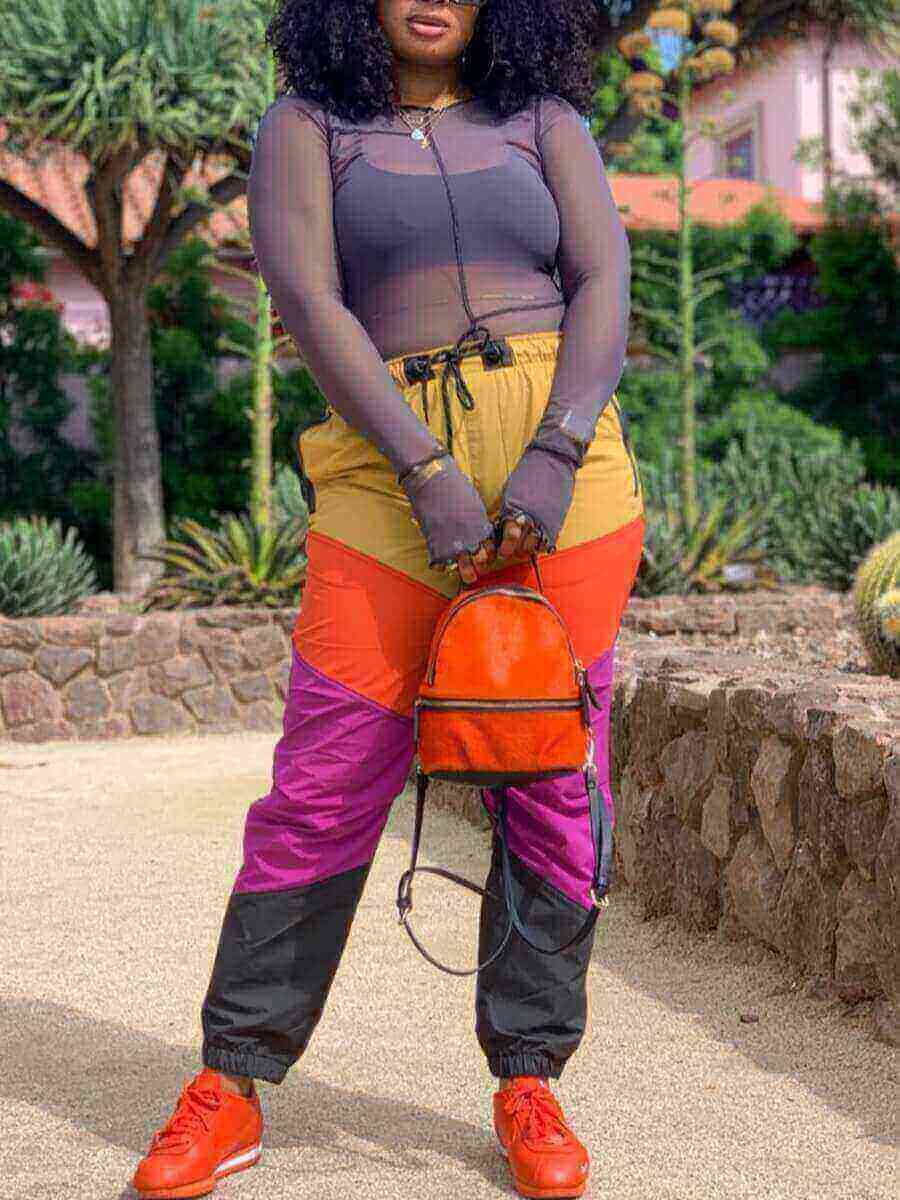 LW Casual See-through Color-lump Patchwork Multicolor Two Piece Pants ...