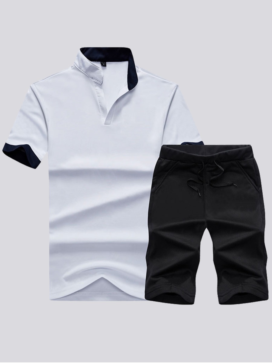 LW Men Casual Mandarin Collar Drawstring White Two Piece Shorts Set ...