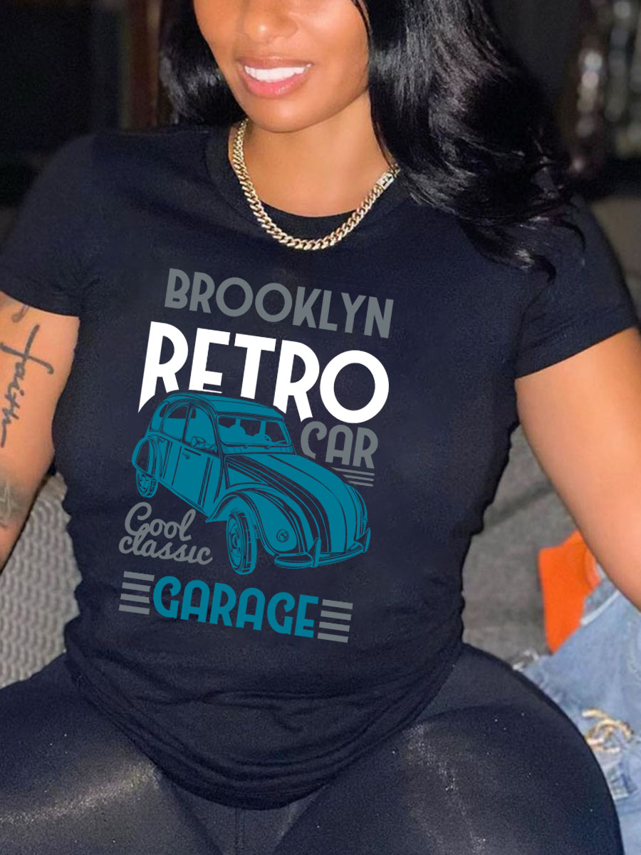 Lovely Street Car Letter Print Black T-shirt Sale | LovelyWholesale