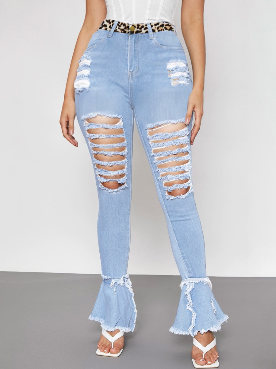 LW High Stretchy Leopard Print Flared Ripped Jeans Sale | LovelyWholesale