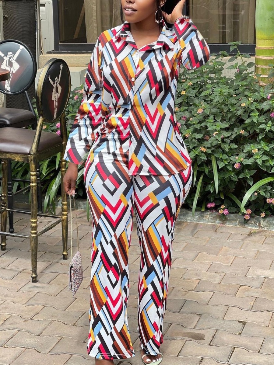 LW Button Design Geometric Print Pants Set Sale | LovelyWholesale