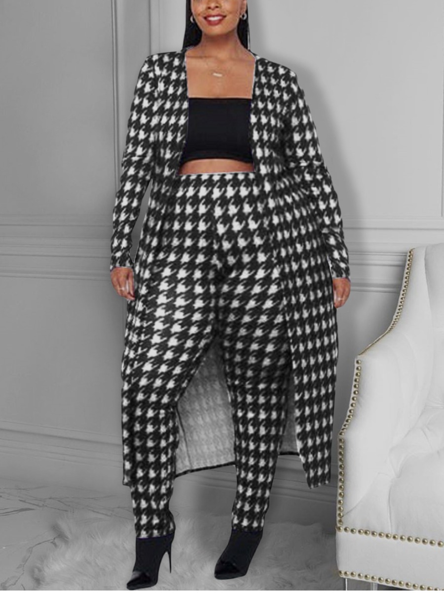 LW Plus Size Houndstooth Open Front Pants Set Sale | LovelyWholesale