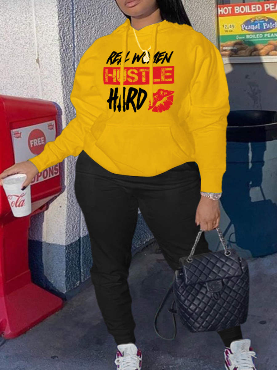 LW Plus Size Hustle Hard Lip Letter Print Kangaroo Pocket Tracksuit Set ...