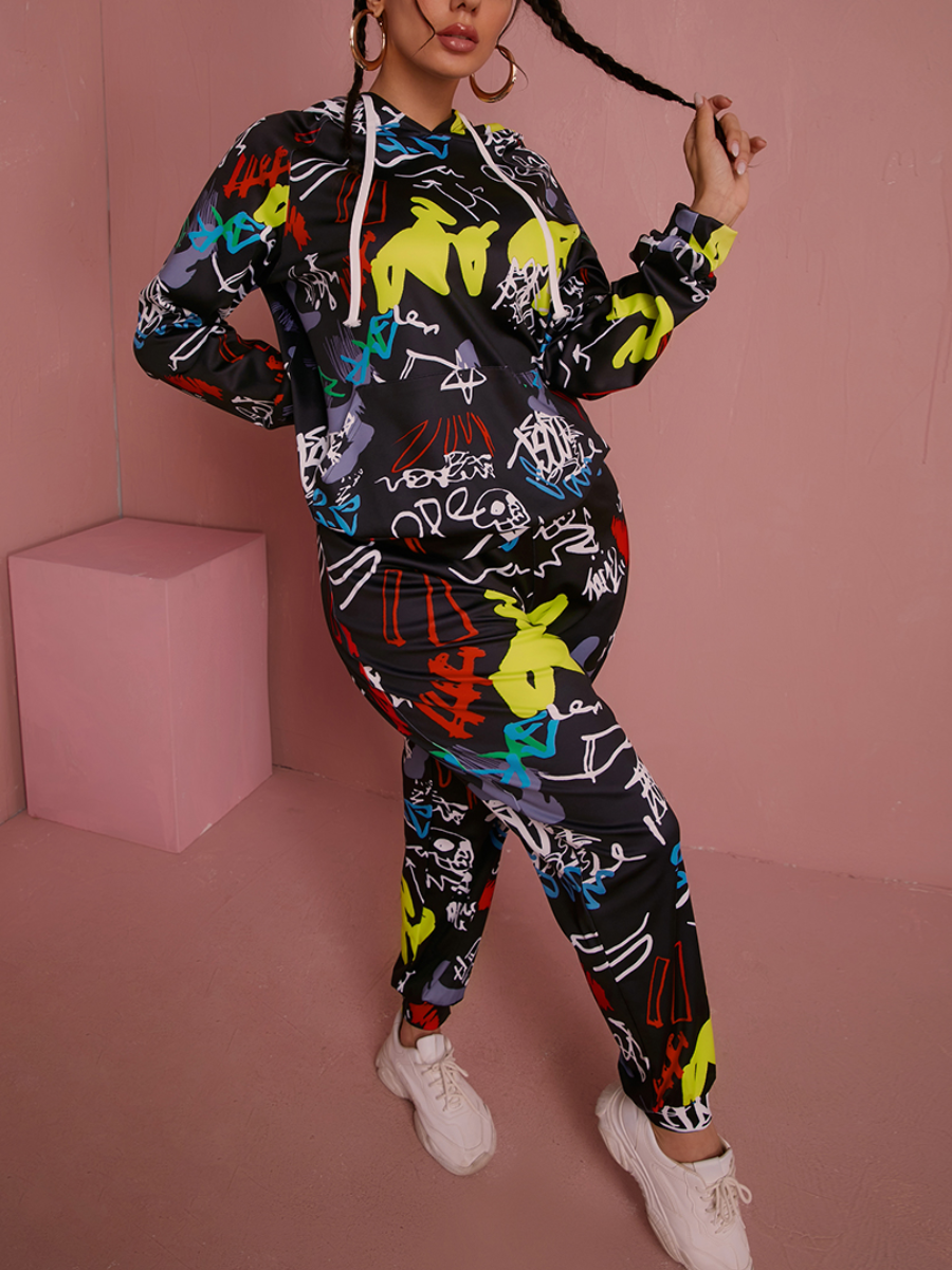 LW Hooded Collar Graffiti Print Tracksuit Set Sale | LovelyWholesale