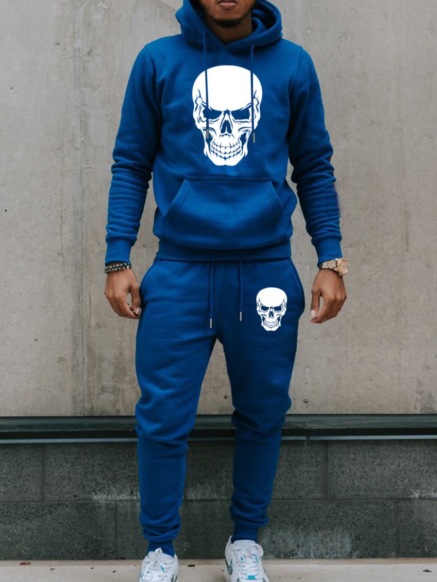 LW Men Skull Head Print Kangaroo Pocket Tracksuit Set Sale ...