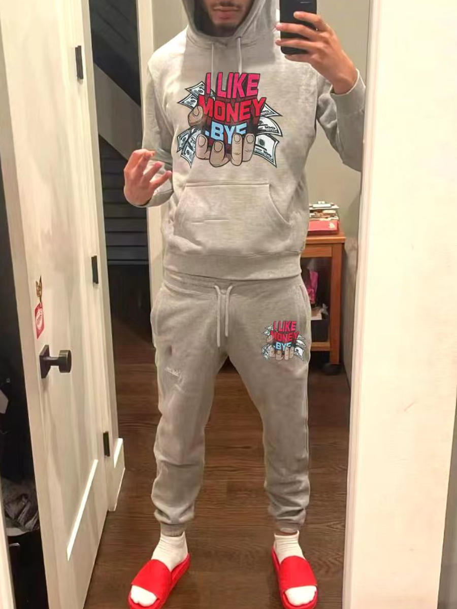 LW Men Money Letter Print Kangaroo Pocket Tracksuit Set Sale ...