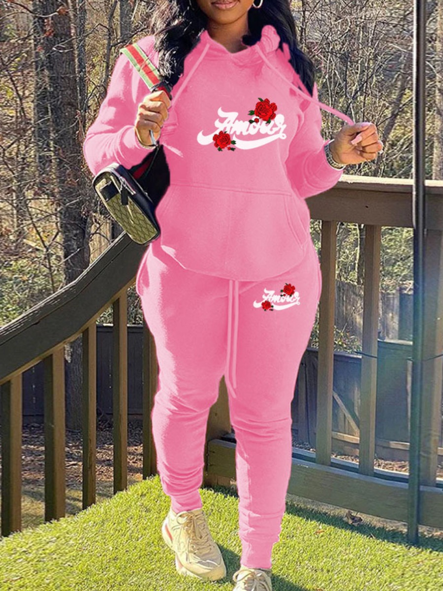 LW Plus Size Rose Flower Letter Print Tracksuit Set Sale | LovelyWholesale