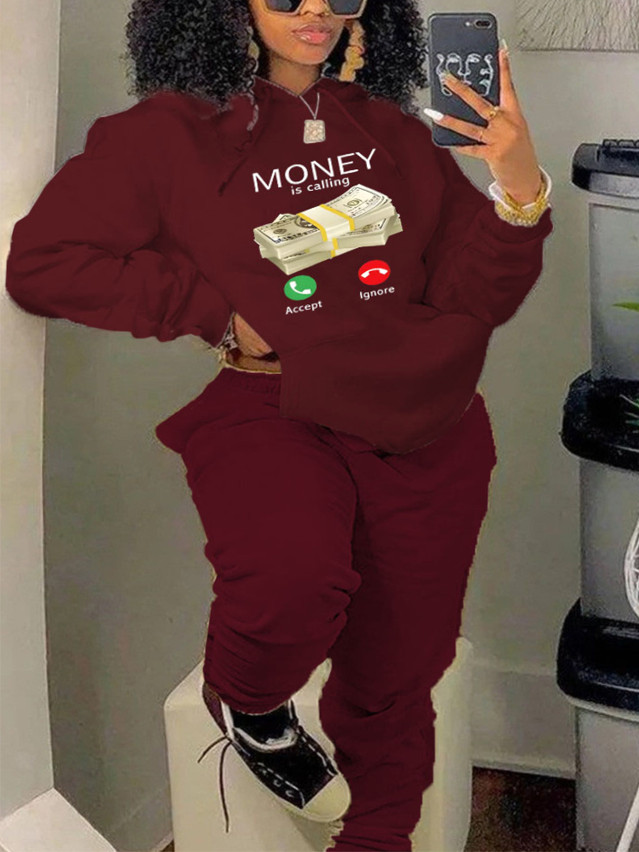 LW Plus Size Money Letter Print Kangaroo Pocket Tracksuit Set Sale ...
