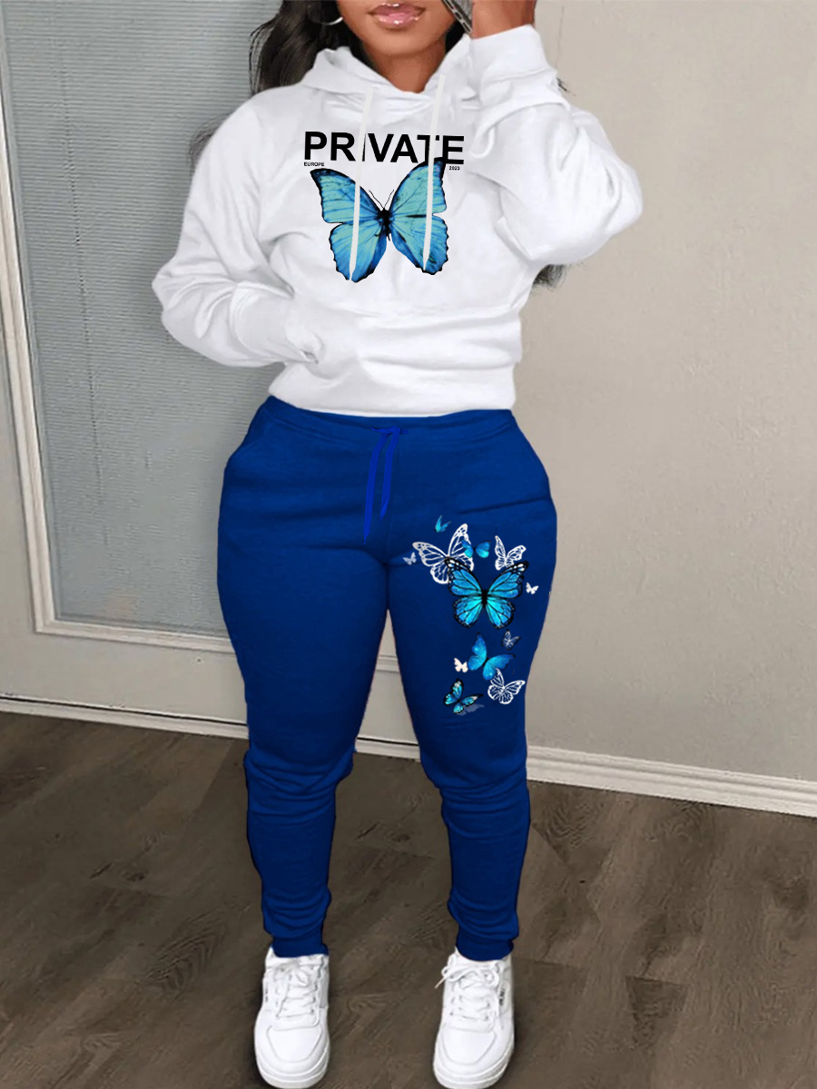 LW Plus Size Butterfly Letter Print Kangaroo Pocket Tracksuit Set Sale ...