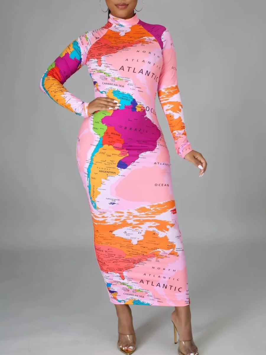 LW World Map Letter Print Patchwork Bodycon Dress Sale | LovelyWholesale