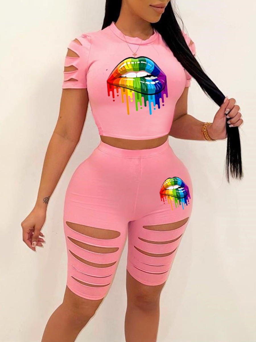 LW Crop Top Lip Print Ripped Shorts Set Sale | LovelyWholesale