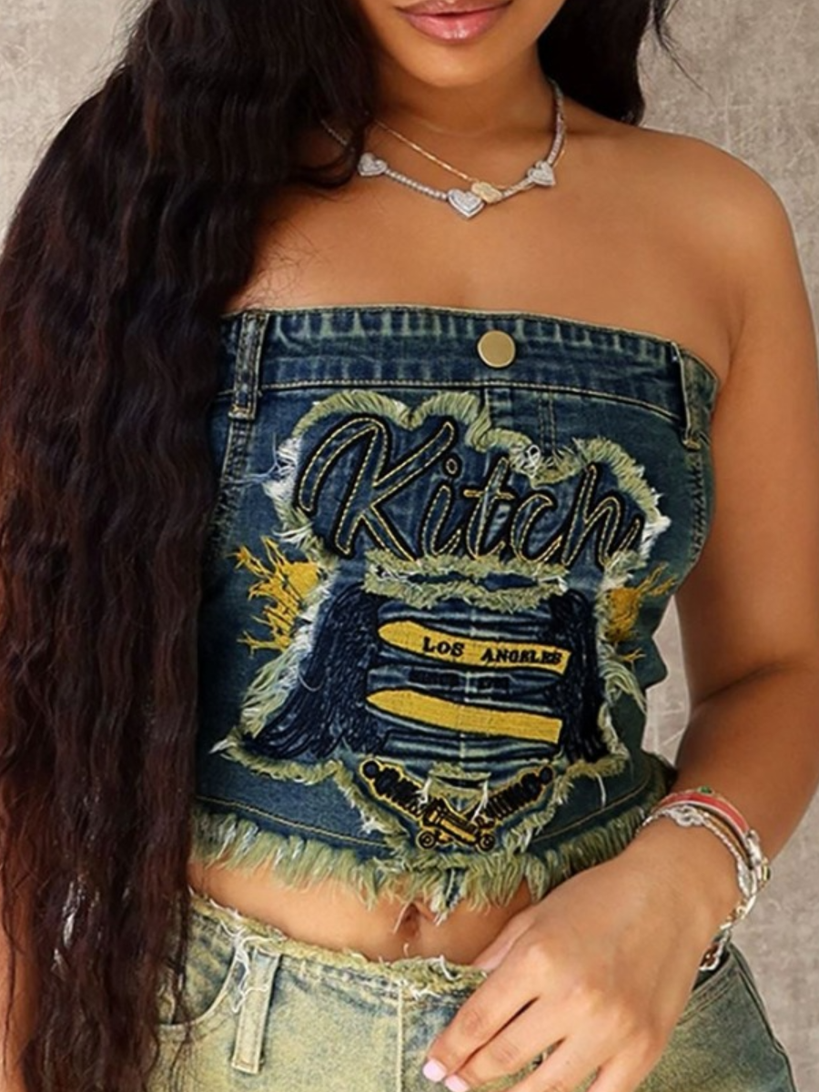 LW Off The Shoulder Raw Edge Denim Top Sale | LovelyWholesale